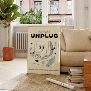 Retro Computer Illustration, Retro Character Print, Unplug Print ...
