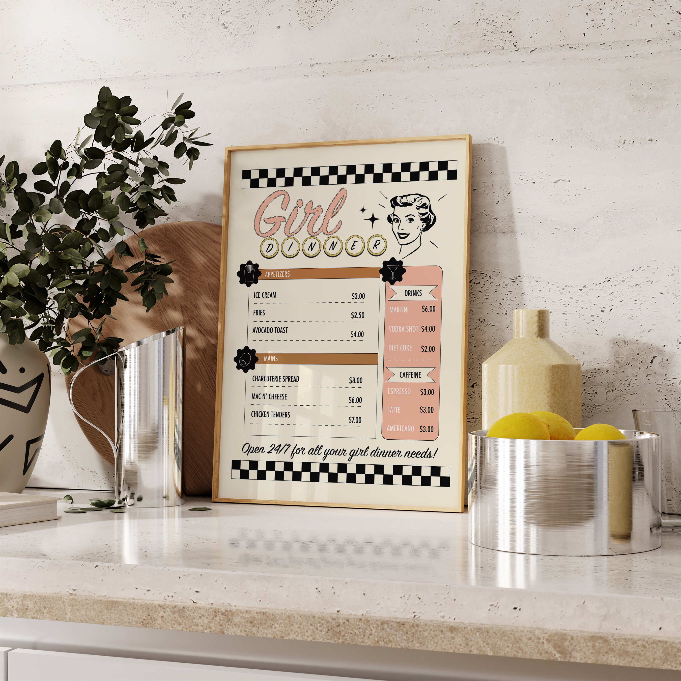 Girl Dinner Poster, Retro Kitchen Art, Aesthetic Kitchen Wall Art ...