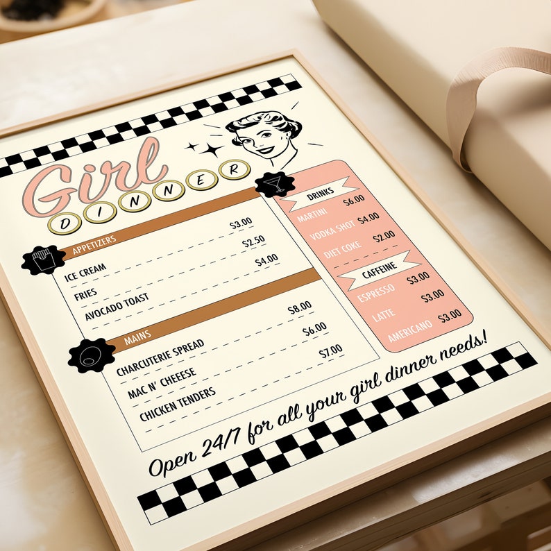 Girl Dinner Poster, Retro Kitchen Art, Aesthetic Kitchen Wall Art ...