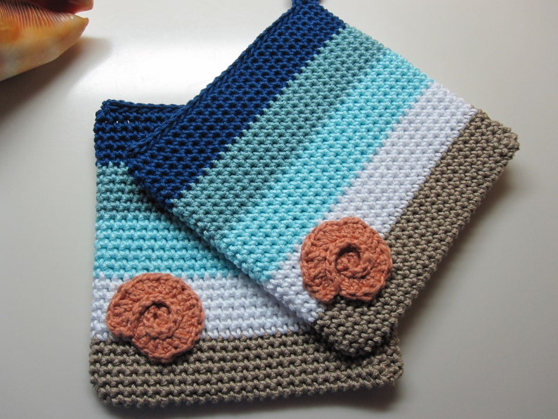 Beach House Shell Applique HOT Pad POT HOLDER Blues and Sand Colors Set ...