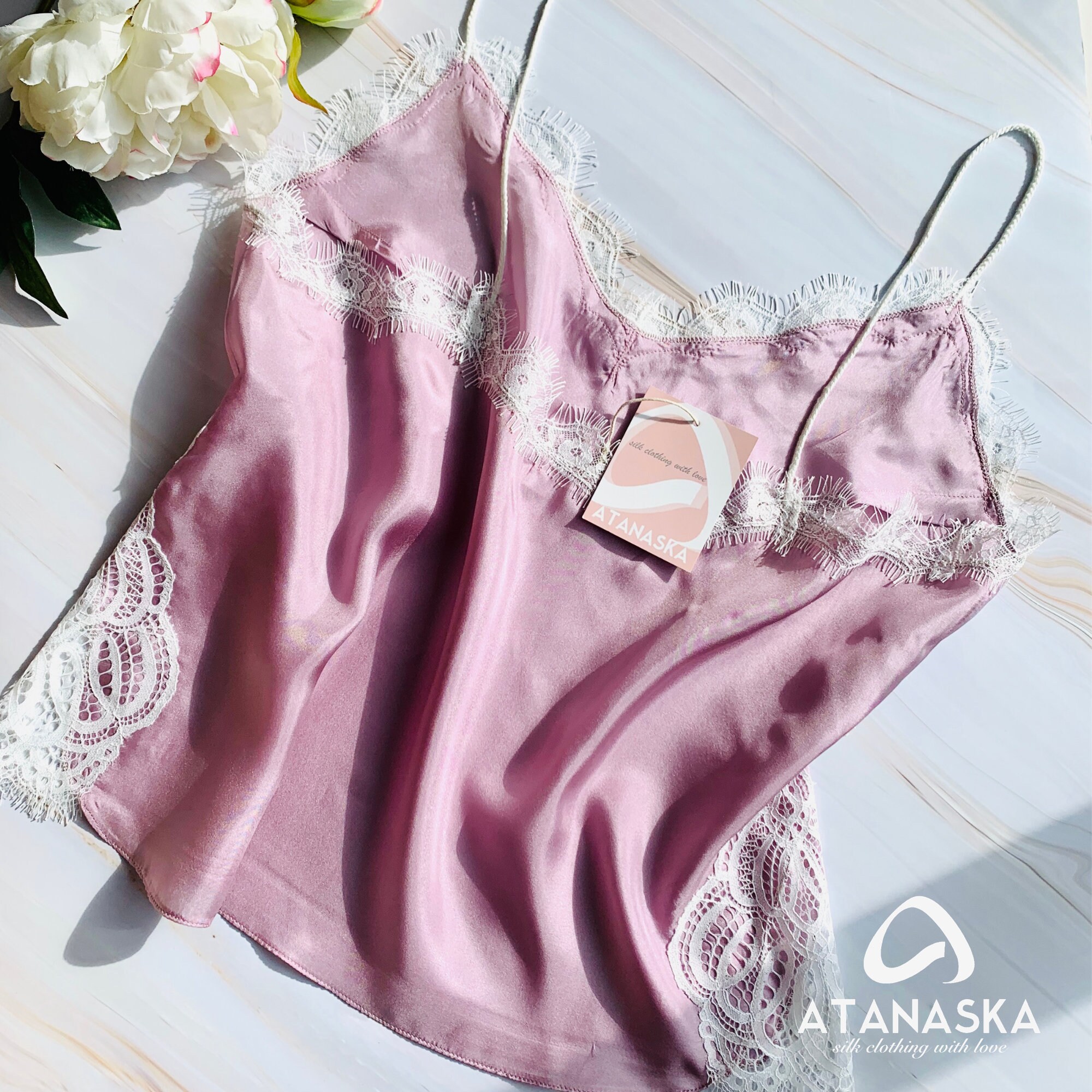 Natural silk purple camisole top with lace woman tank | Etsy