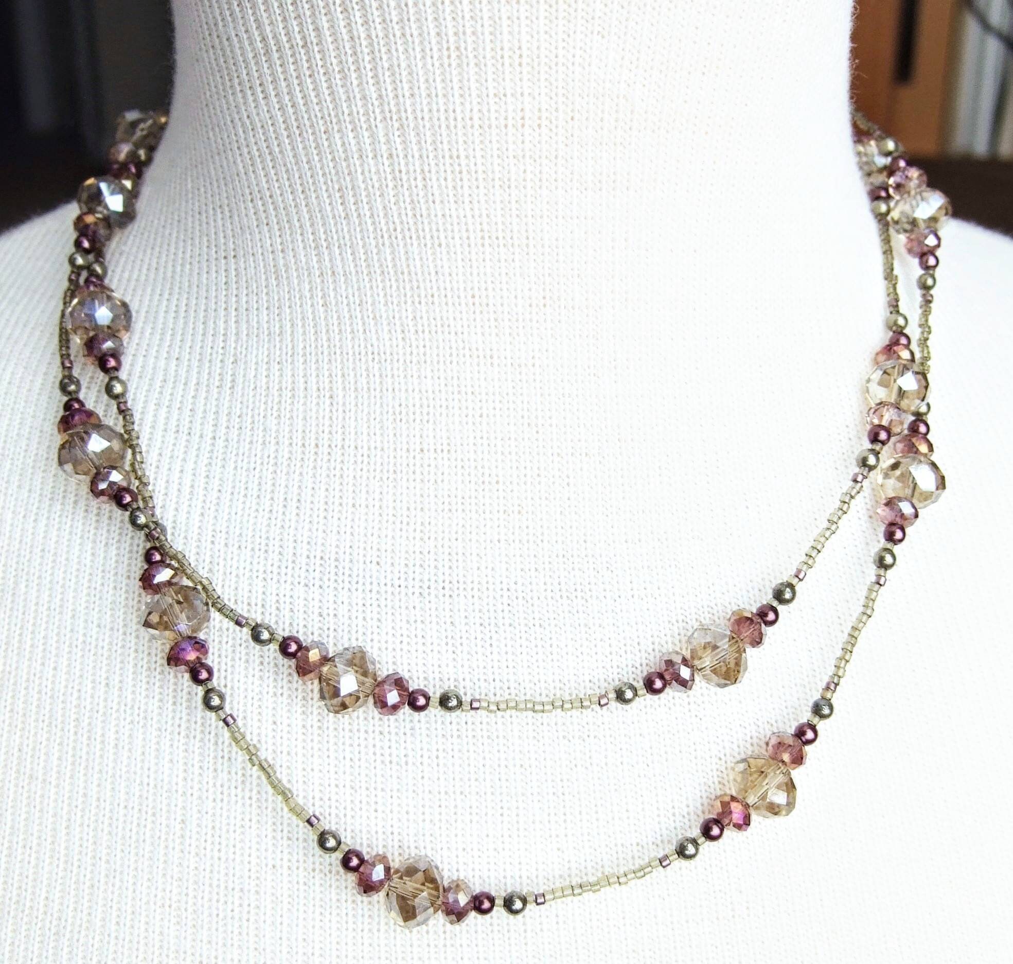 Long Crystal Necklace in Neutral Tones - Etsy