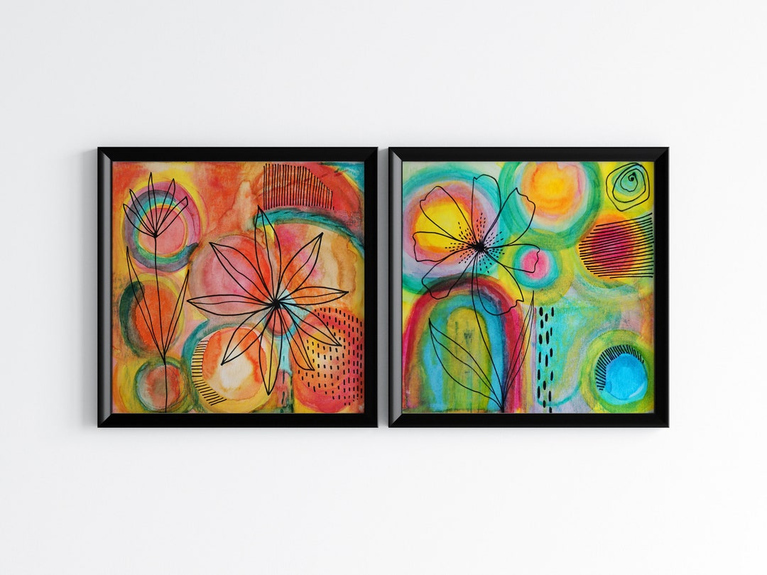 2er Set Botanische Kunst Poster, Bunte Blumenwandkunst, Originale Abstrakte Wandkunst ...