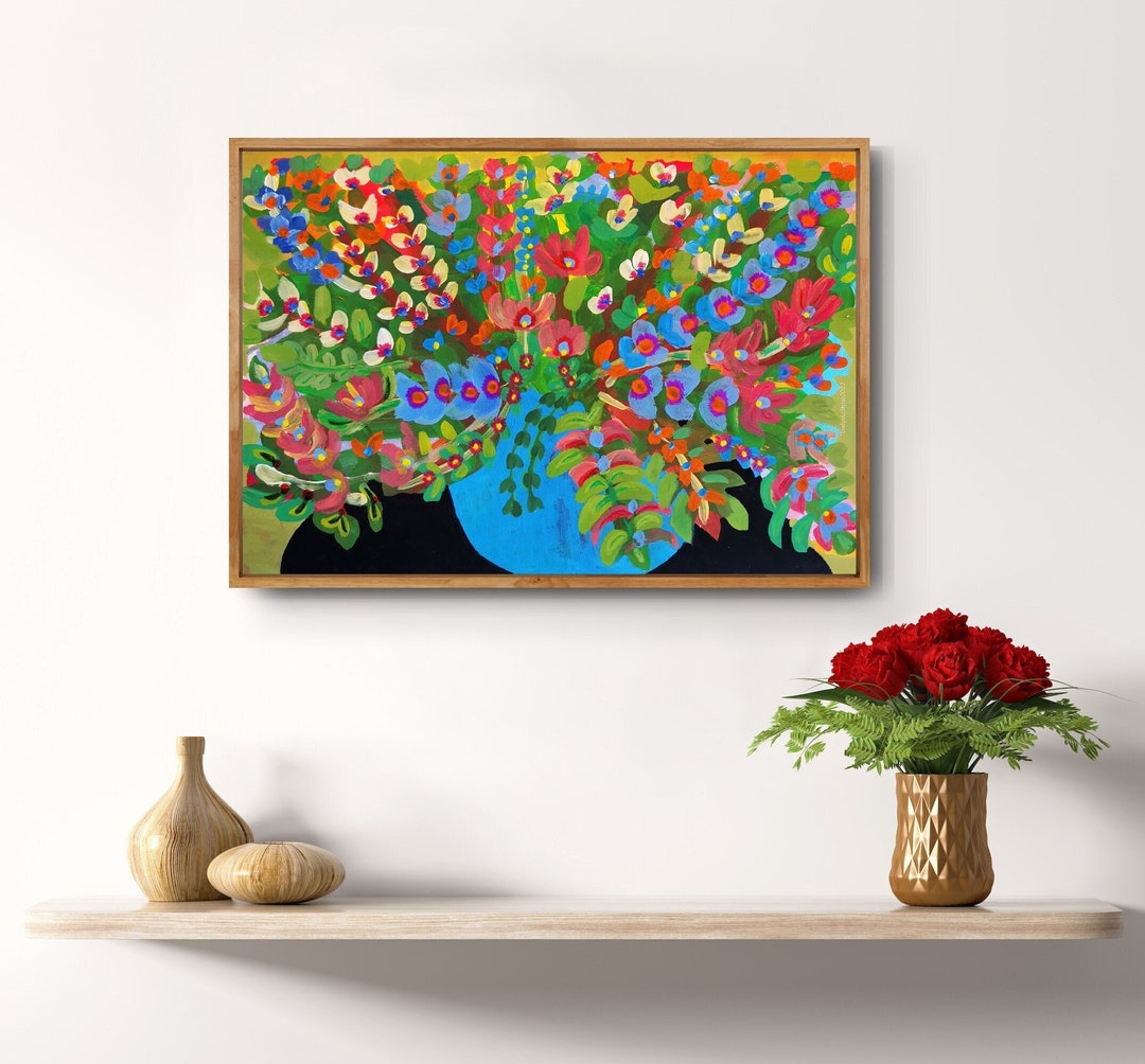 Colorful Flowers in Blue Pot - Funky Painting Print, Downloadable ...