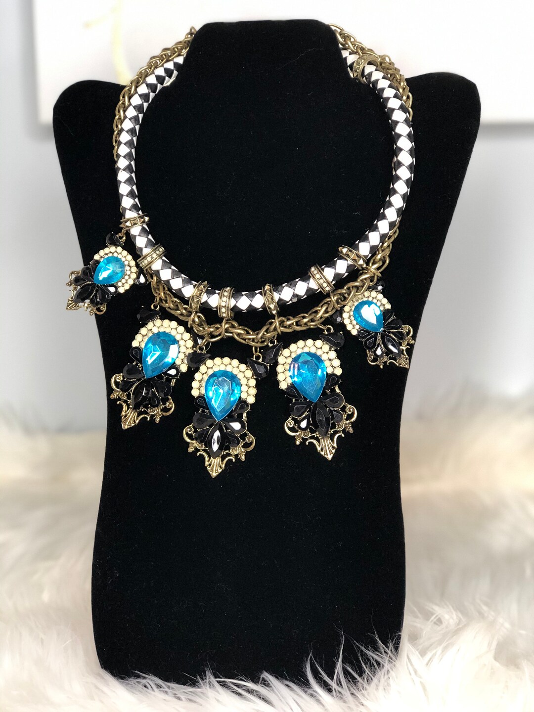 Checkered Necklace With Accent Blue & Black Stones - Etsy