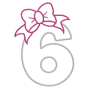 6 Birthday Applique Cute Bow 6th Number Instant Digital Download Stitch ...