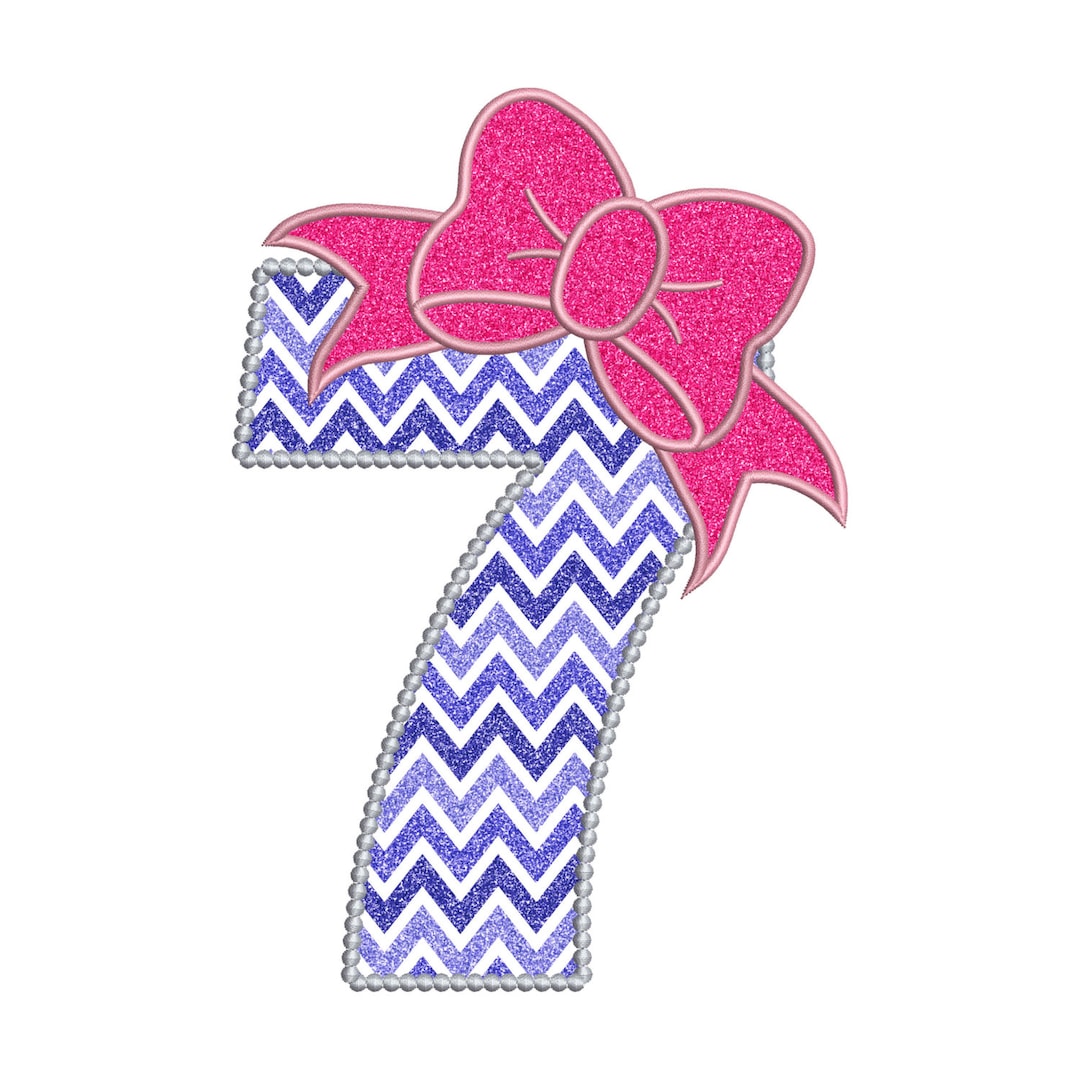 7 Birthday Applique Cute Bow 7th Number Instant Digital Download Stitch ...