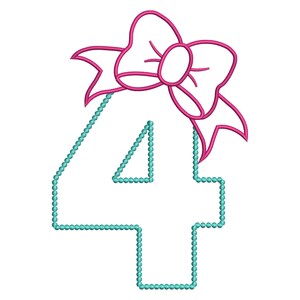 4 Birthday Applique Cute Bow 4th Number Instant Digital Download Stitch ...