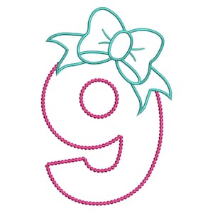 9 Birthday Applique Cute Bow 9th Number Instant Digital Download Stitch ...