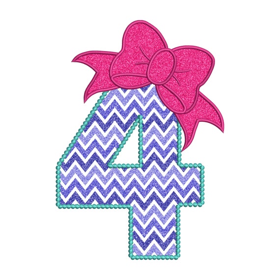 4 Birthday Applique Cute Bow 4th Number Instant Digital - Etsy