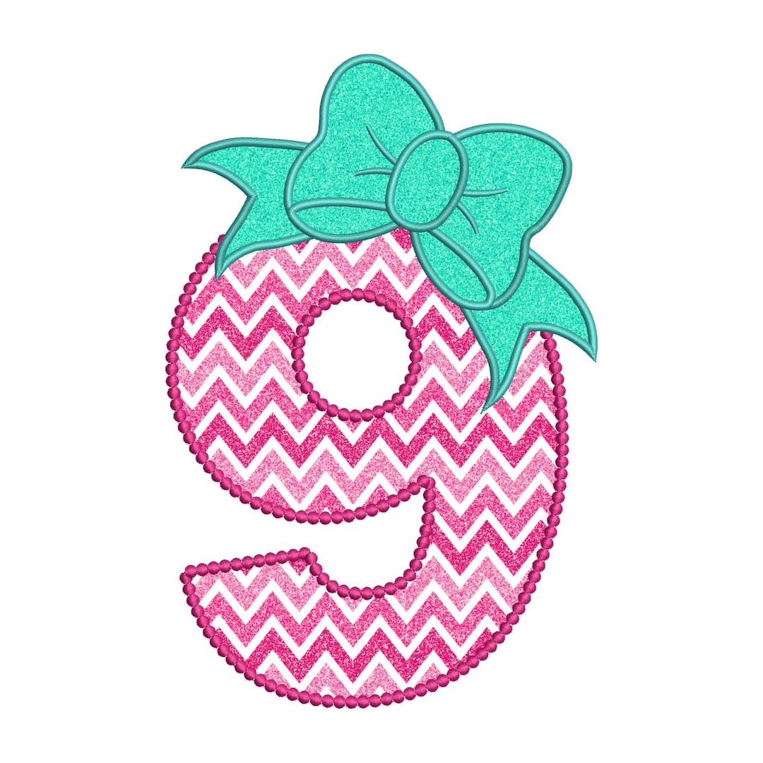 9 Birthday Applique Cute Bow 9th Number Instant Digital Download Stitch ...