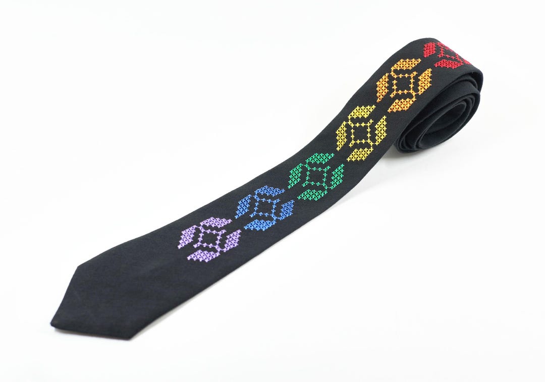 Black Necktie With Rainbow Embroidery LGBTQ Pride Tie, Gay Wedding ...
