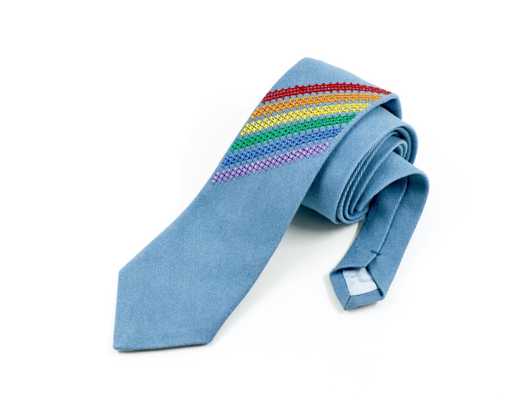 Sky-blue Necktie With Rainbow Embroidery, Lgbtq Tie, Gay Wedding Tie ...