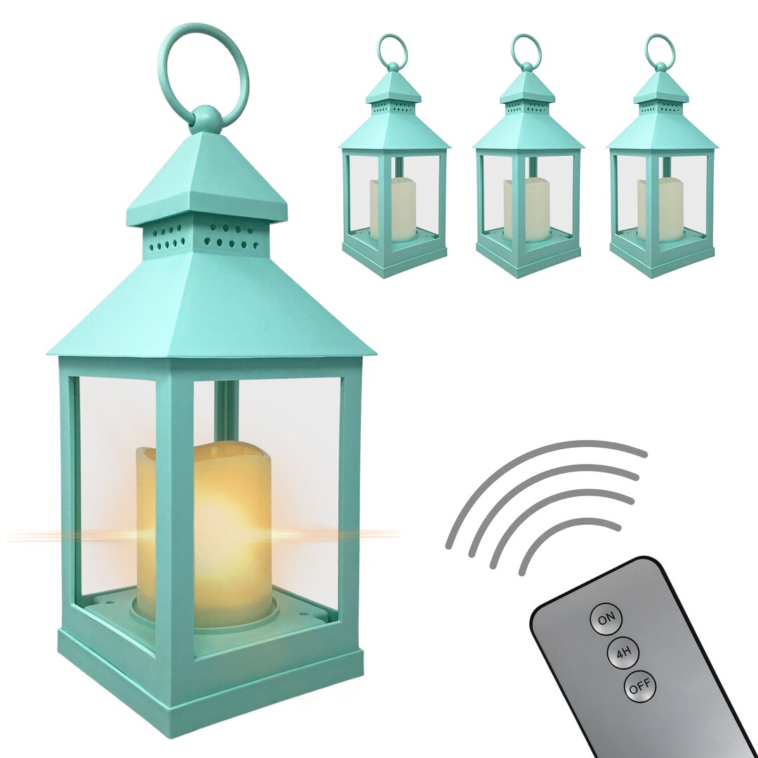 Decorative Teal Lantern Set of 4 Includes 4 Hour Timer and a Remote ...