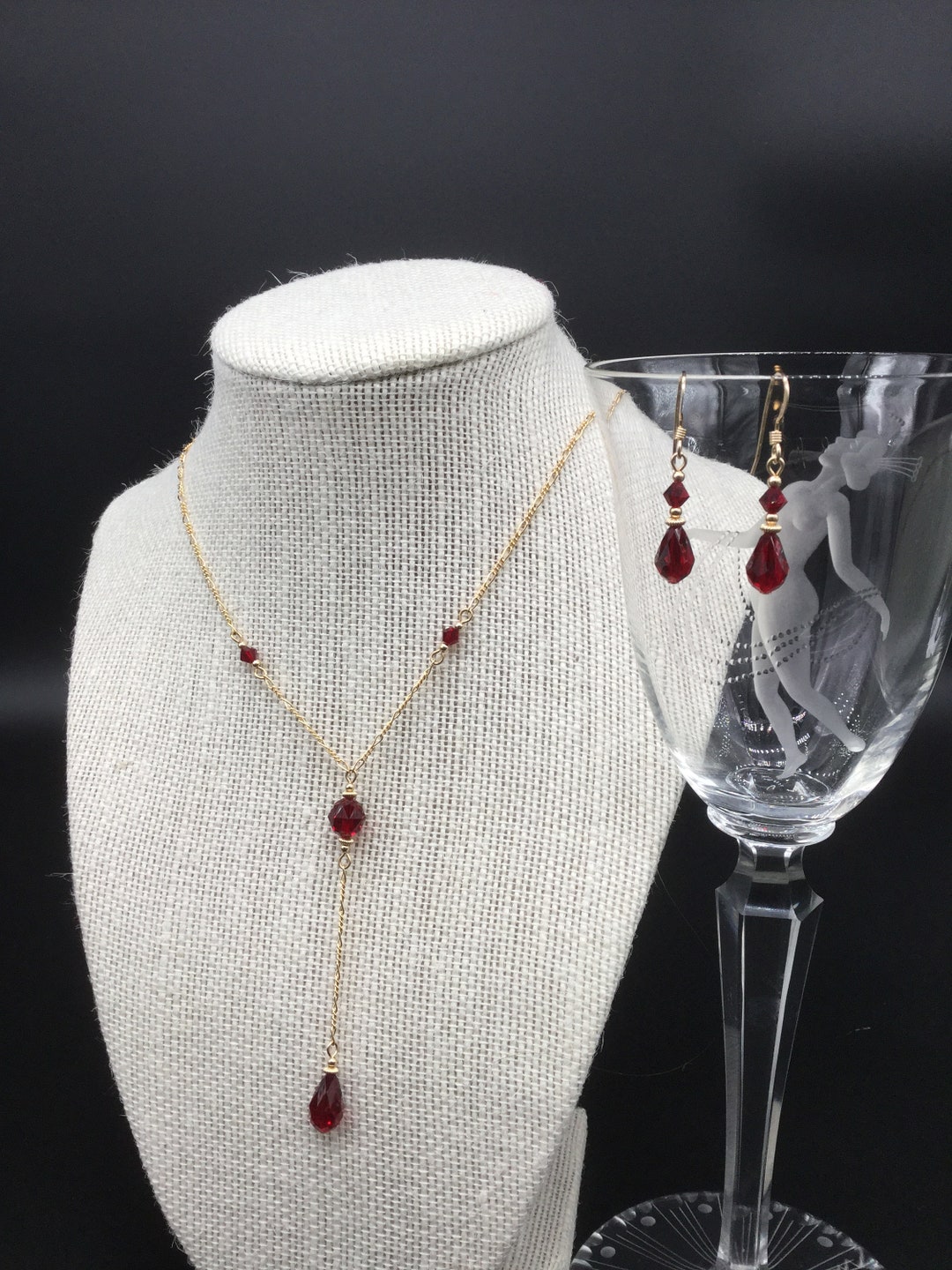 Ruby Red Crystal Necklace Earring Set Austria's Finest Beads 14K Gold ...
