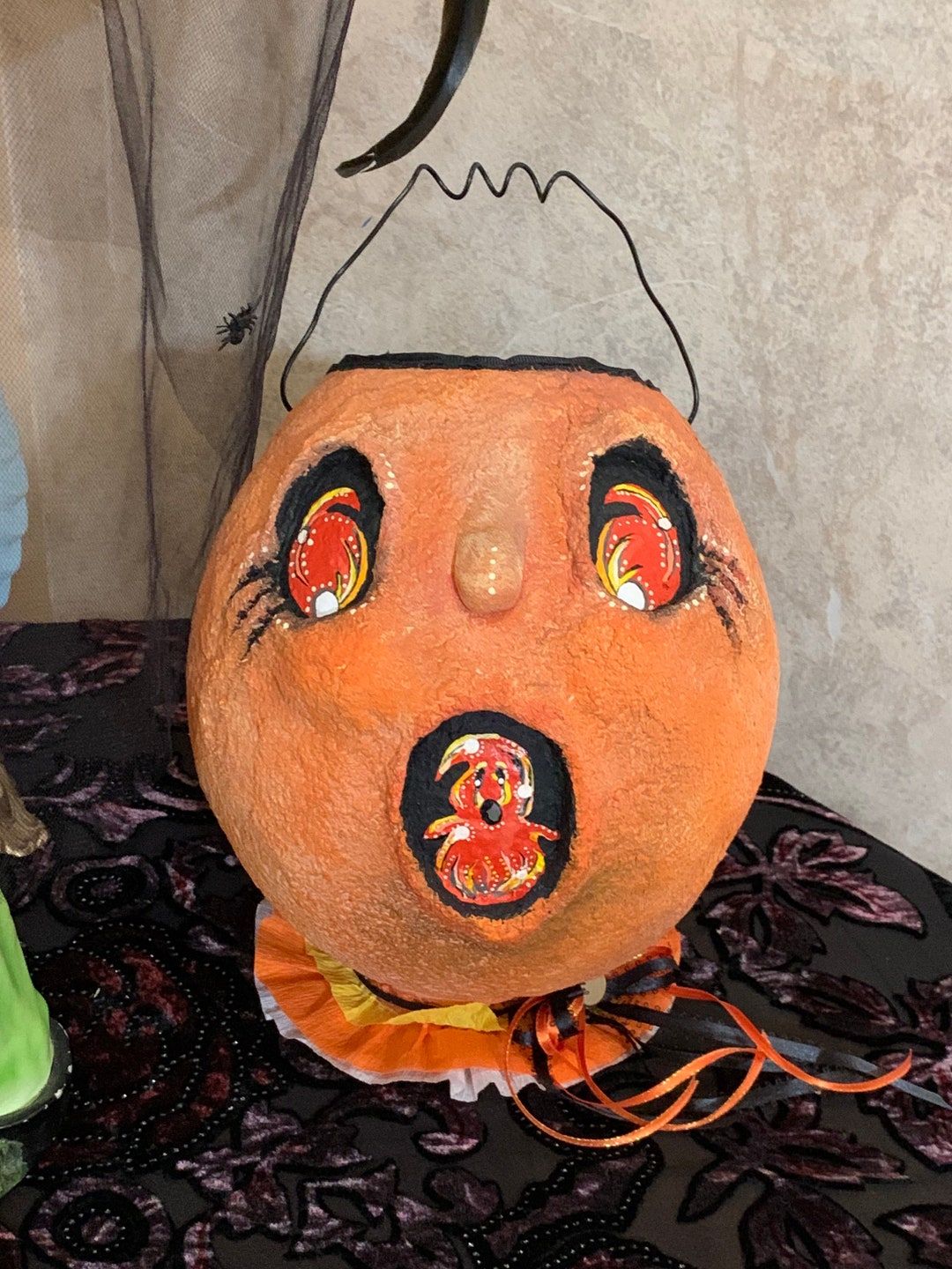 Vintage Style Papier-mâché Halloween Treat Bucket Jack O Lantern Folk ...