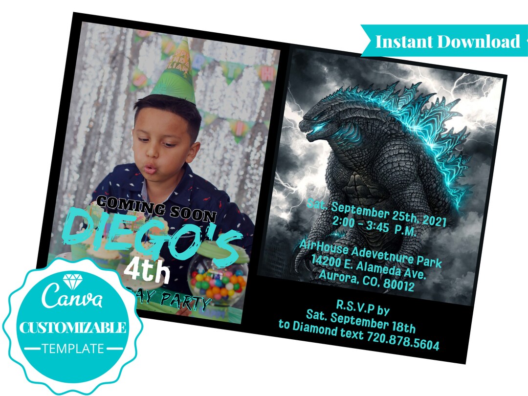 Godzilla | Godzilla Birthday | Godzilla Invitation | King of Monsters ...