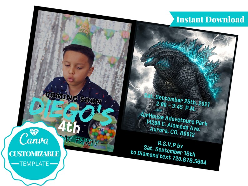 Godzilla Godzilla Birthday Godzilla Invitation King of - Etsy