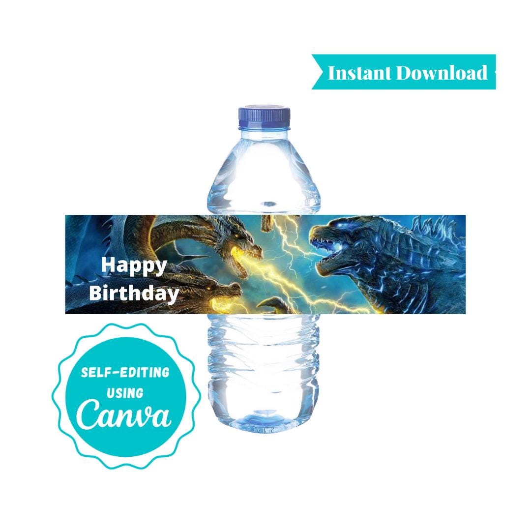 Godzilla Birthday Party Water Bottle Labels: King of Monsters ...