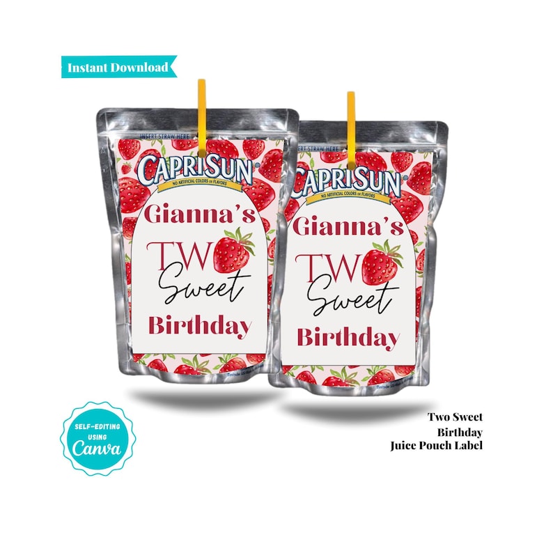 Two Sweet Birthday Party | Strawberry Birthday Juice Pouch Labels ...