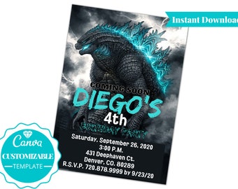 Godzilla Invite Godzilla Birthday Invitation Printable - Etsy