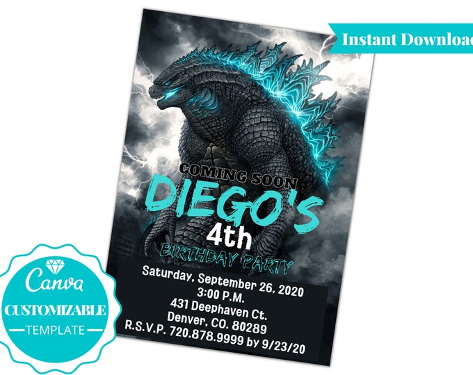 GODZILLA Birthday Invitation Card, Editable and Modifiable godzilla ...