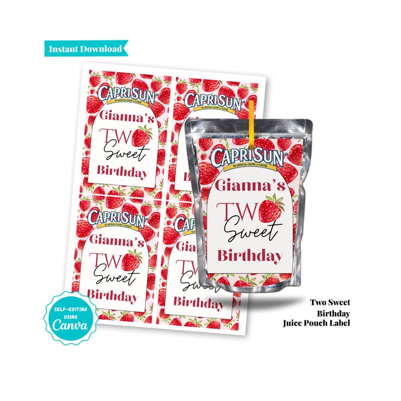 Two Sweet Birthday Party | Strawberry Birthday Juice Pouch Labels ...