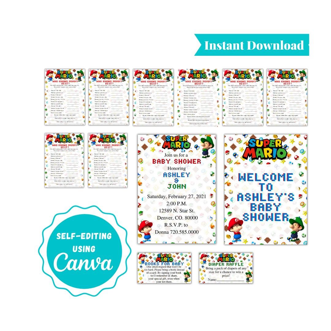 Super Mario Baby Shower Party Pack: Invitation, Games, Welcome Sign ...
