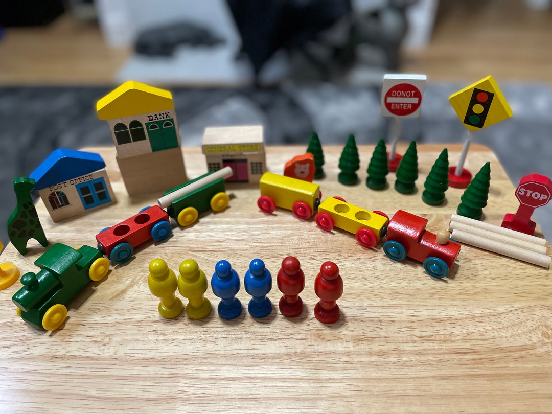 35 Piece Miniature Wooden Train Set - Etsy