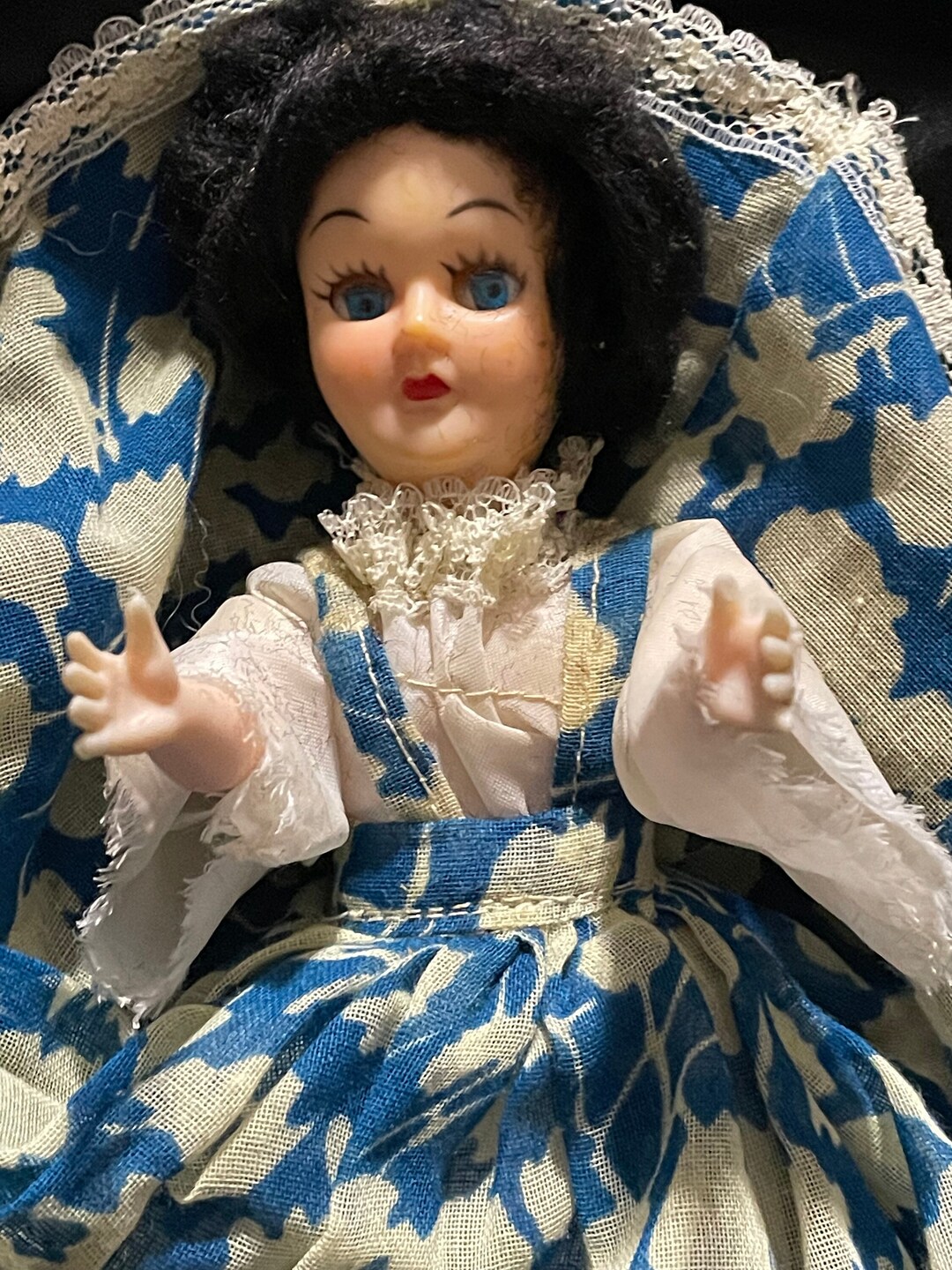 Dark Hair Blue Eyes 7 Inches Tall Craft Doll Wearing Blue Flowered ...