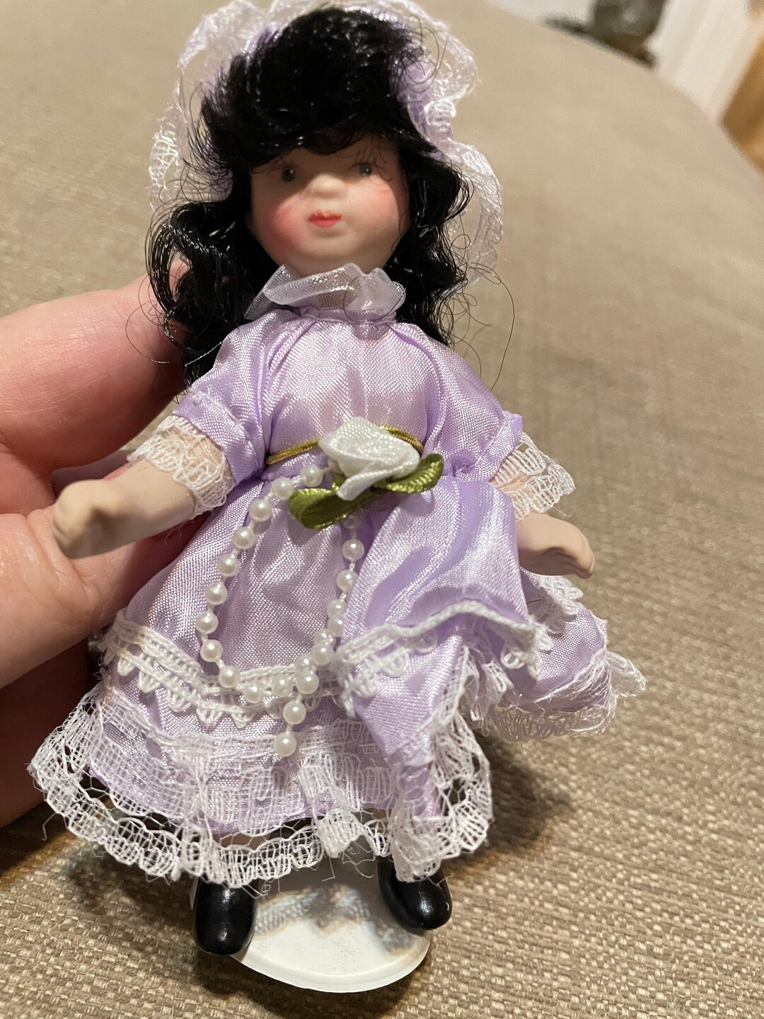 Tiny 5” Porcelain Doll With Long Dark Hair and Light Purple Dress With ...