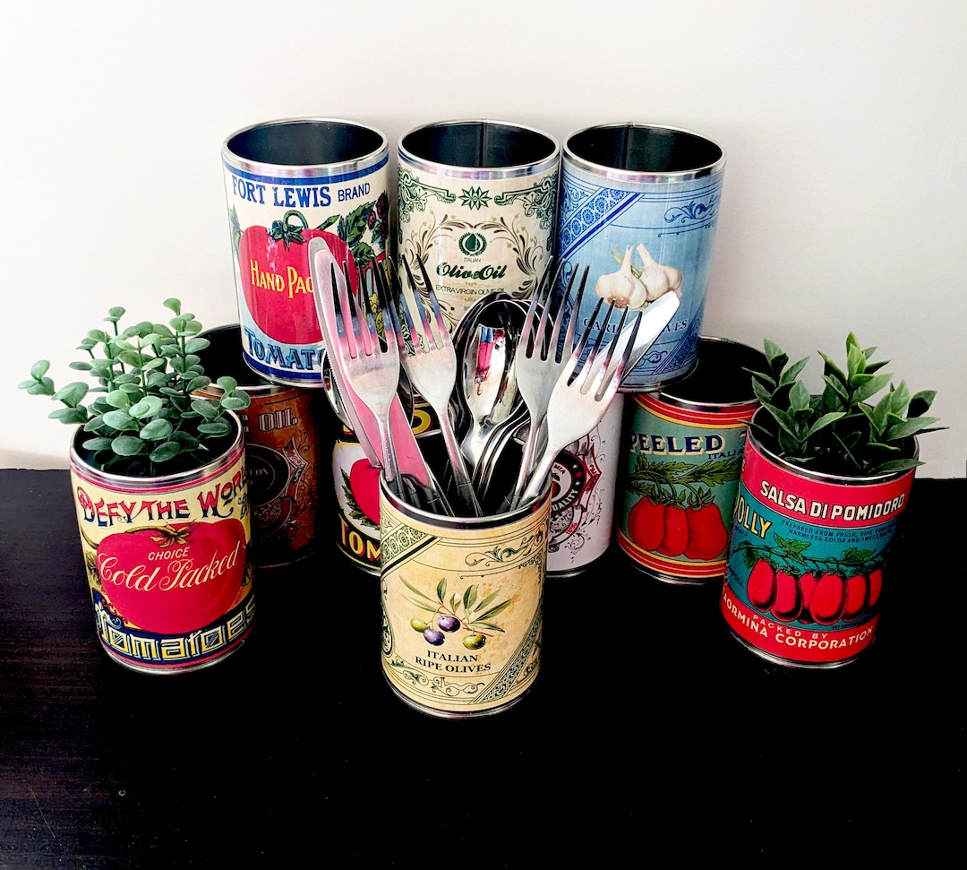 Italian Vintage Retro Food Tin Cans. Storage for Home, Cutlery Holder ...