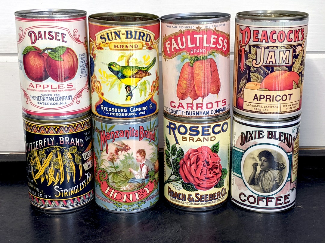 Reduced 8 Vintage Food Tin Cans Labels Storage for Home Cutlery Holder ...