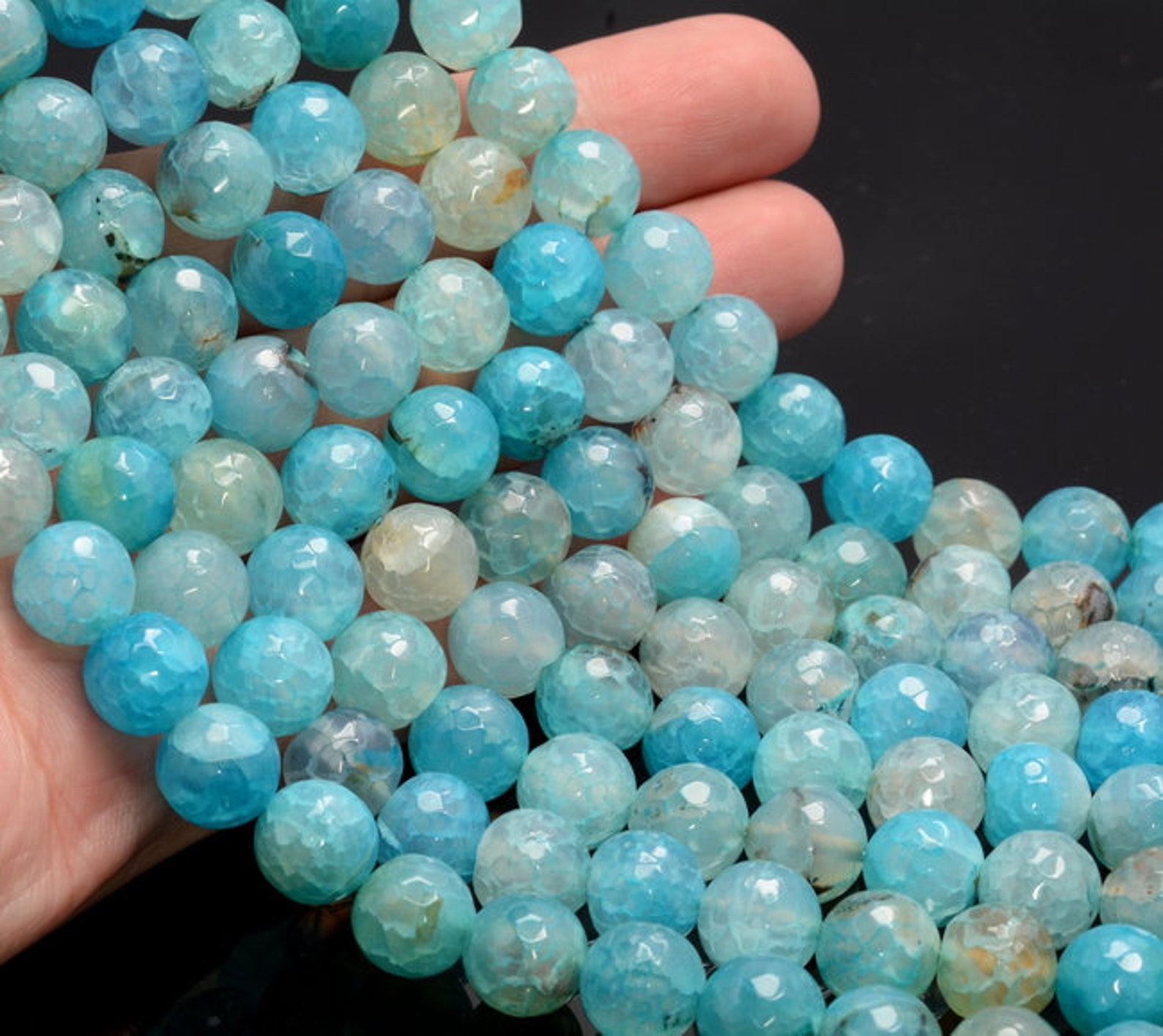 10MM Light Blue Dragon Vein Agate Gemstone Faceted Round Loose Beads 14 ...