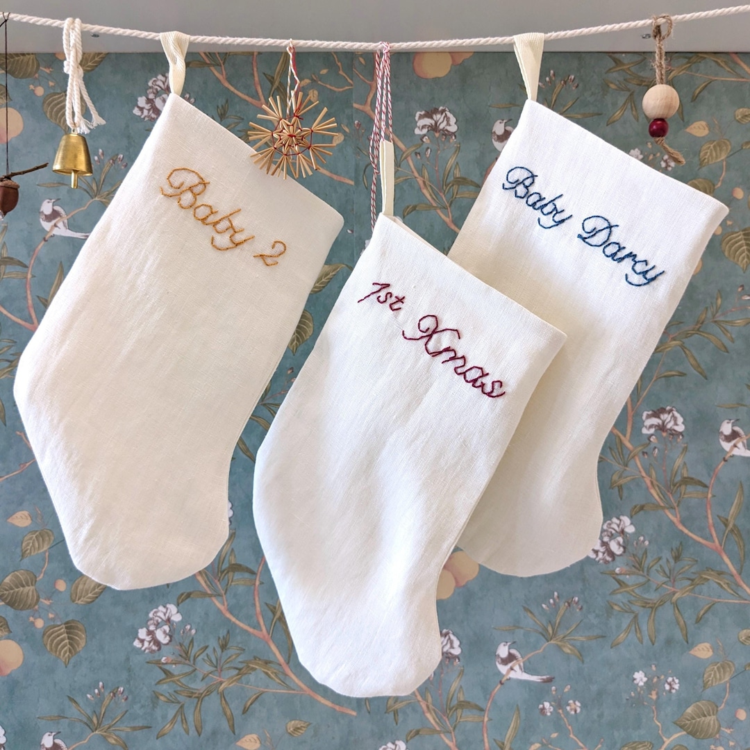 Hand Embroidered Baby's First Christmas Personalized Linen Holiday ...
