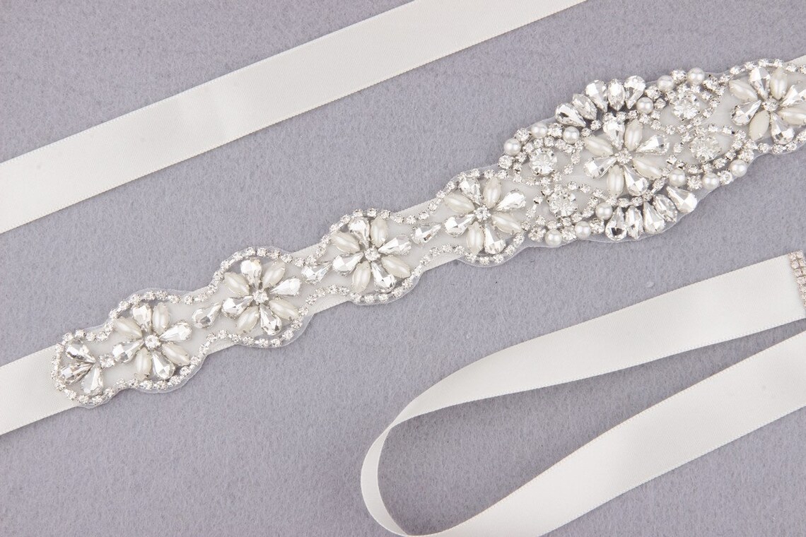 Silver Rhinestone Crystal Pearl Bridal Belt, Wedding Sash - Etsy