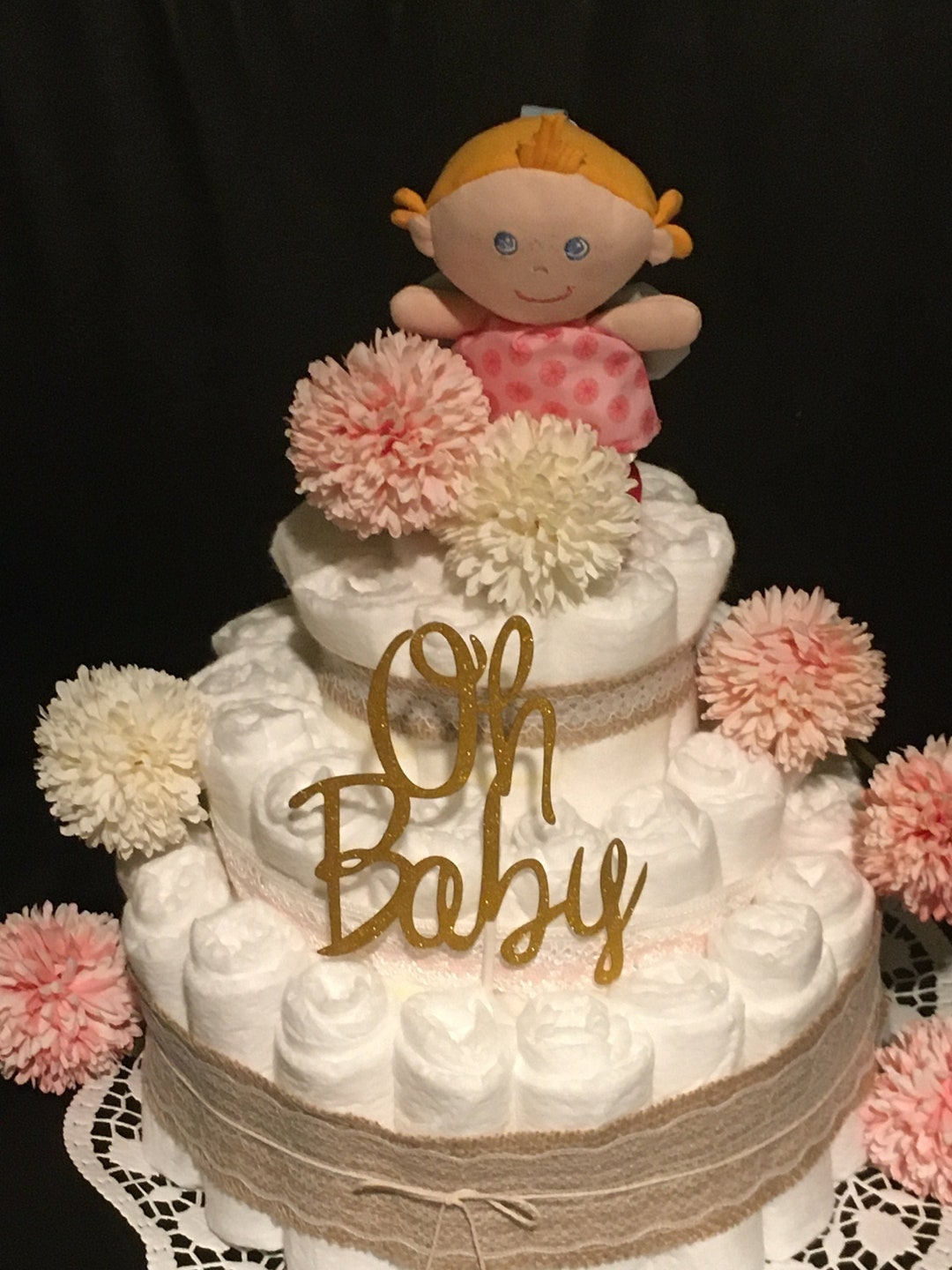 Diaper Cake With Guardian Angel Pendant and Flowers in Vintage Style - Etsy
