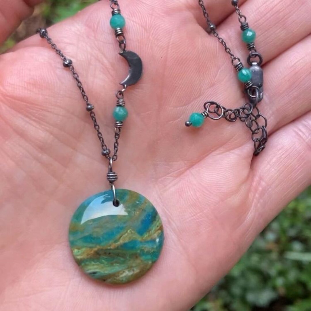 Peruvian Blue Opal Necklace – Crescent Moon Pendant, Sterling Silver ...
