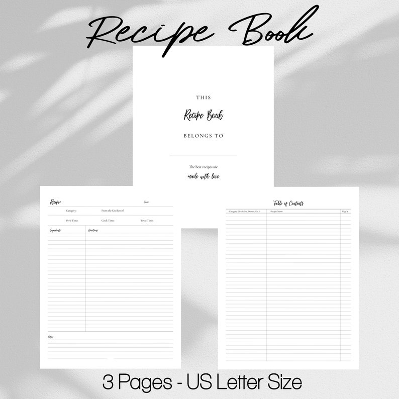Recipe Book Pages Printable Digital- PDF- 3 Pages - US Letter 8.5x11 - Etsy