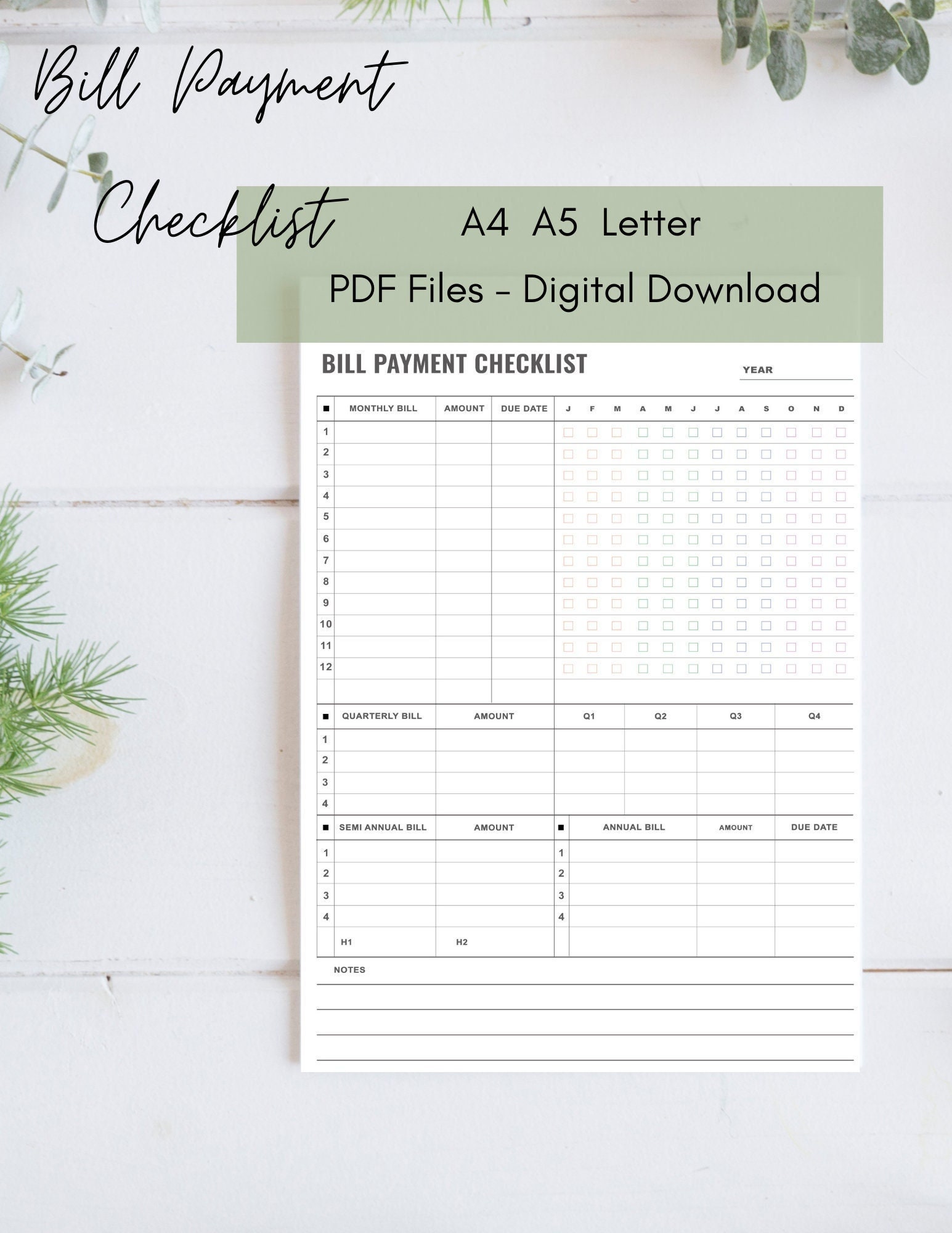 Bill Payments Checklist A4 A5 Letter PDF Digital Download - Etsy