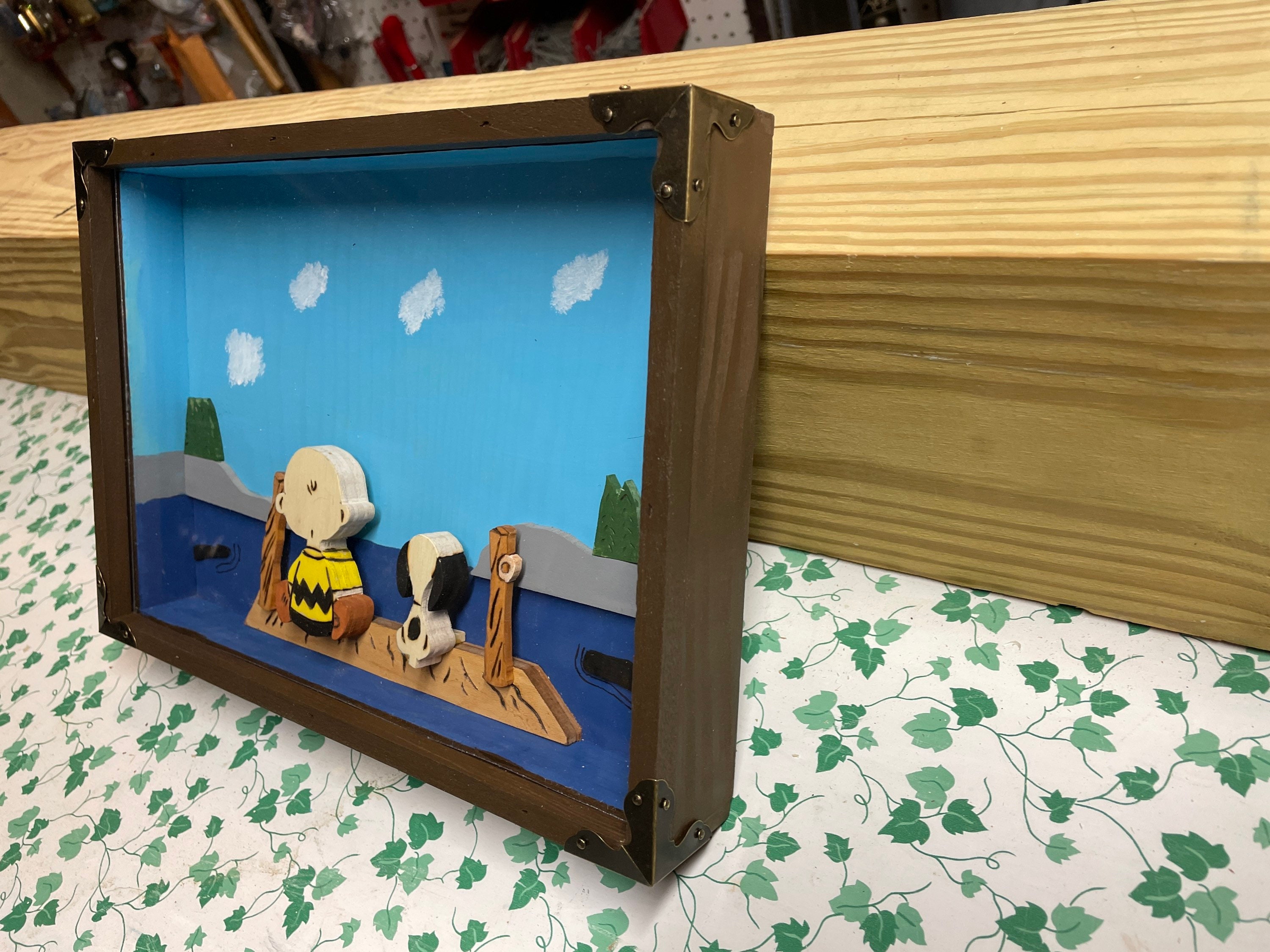 Wooden Shadow Box with Snoopy and Charlie Brown at the Lake