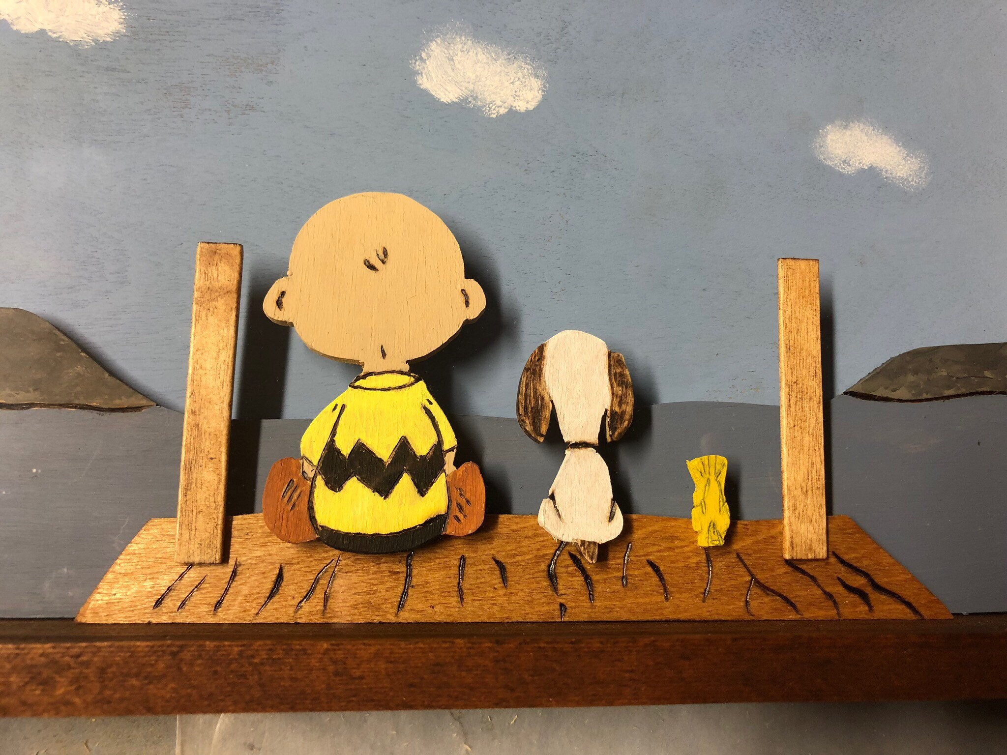 FREE SHIPPING - Wooden Shadow Box with Snoopy and Charlie Brown at the Lake