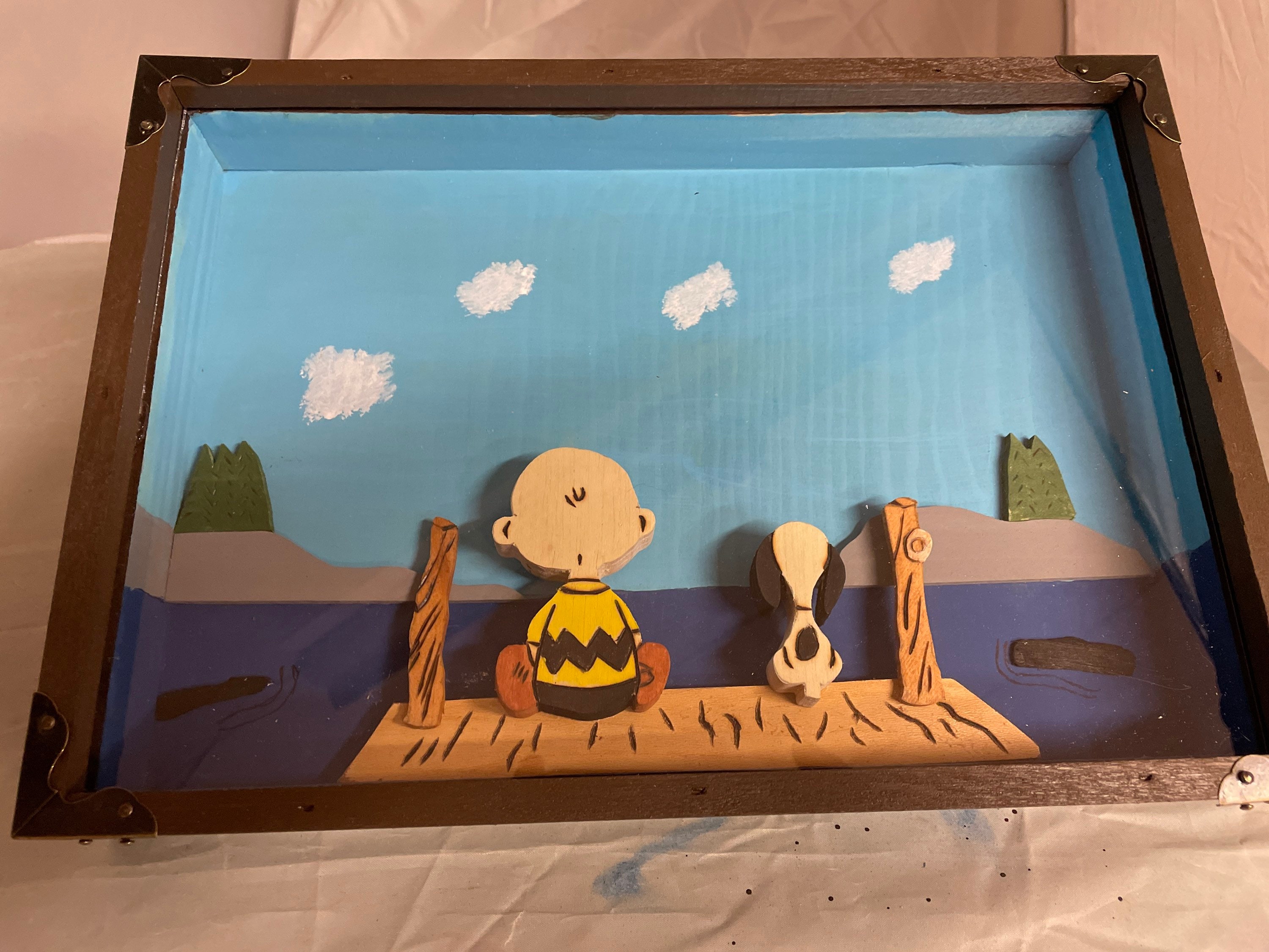 Wooden Shadow Box with Snoopy and Charlie Brown at the Lake