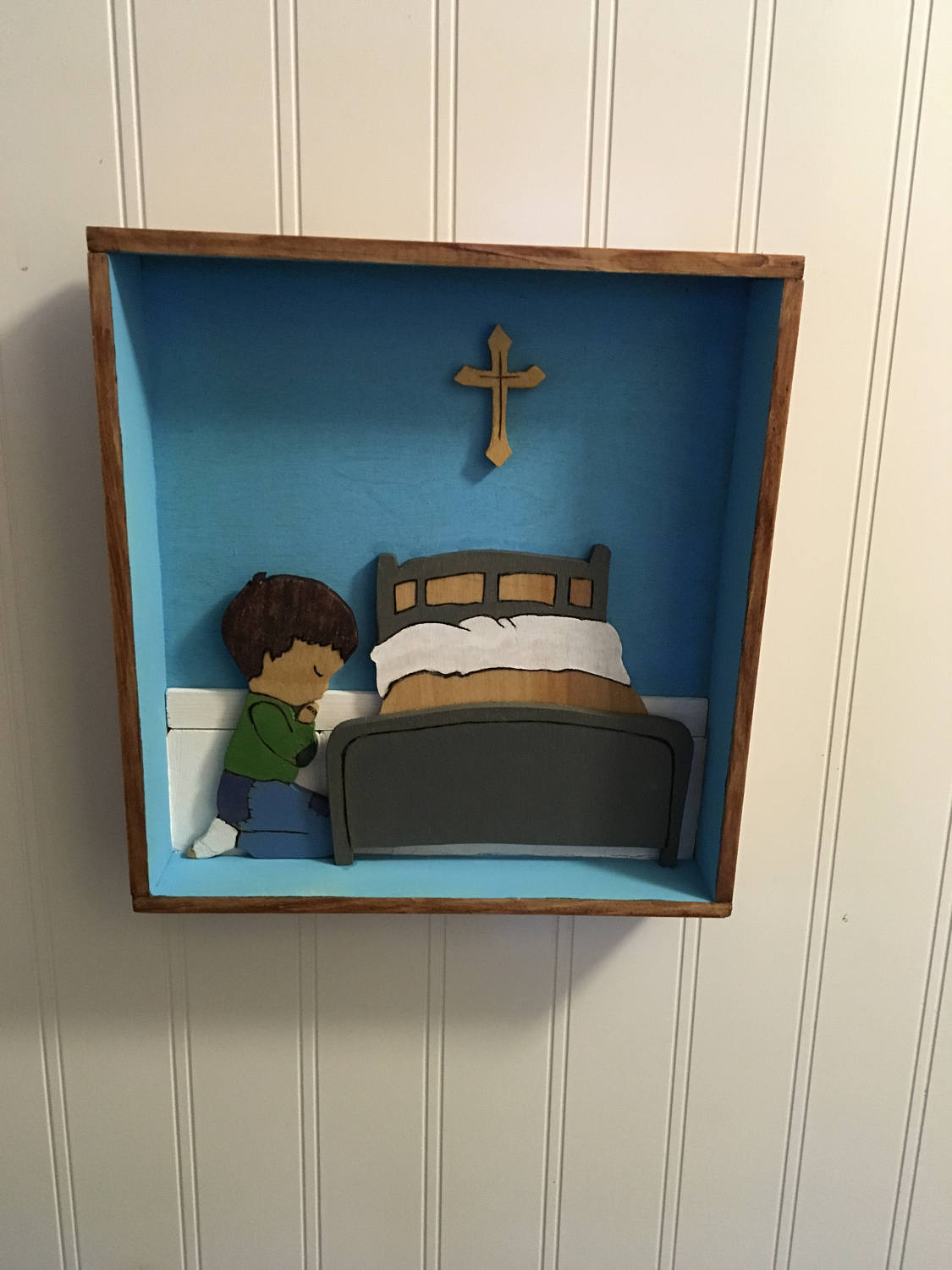 Wooden Shadow Box of a little boy praying