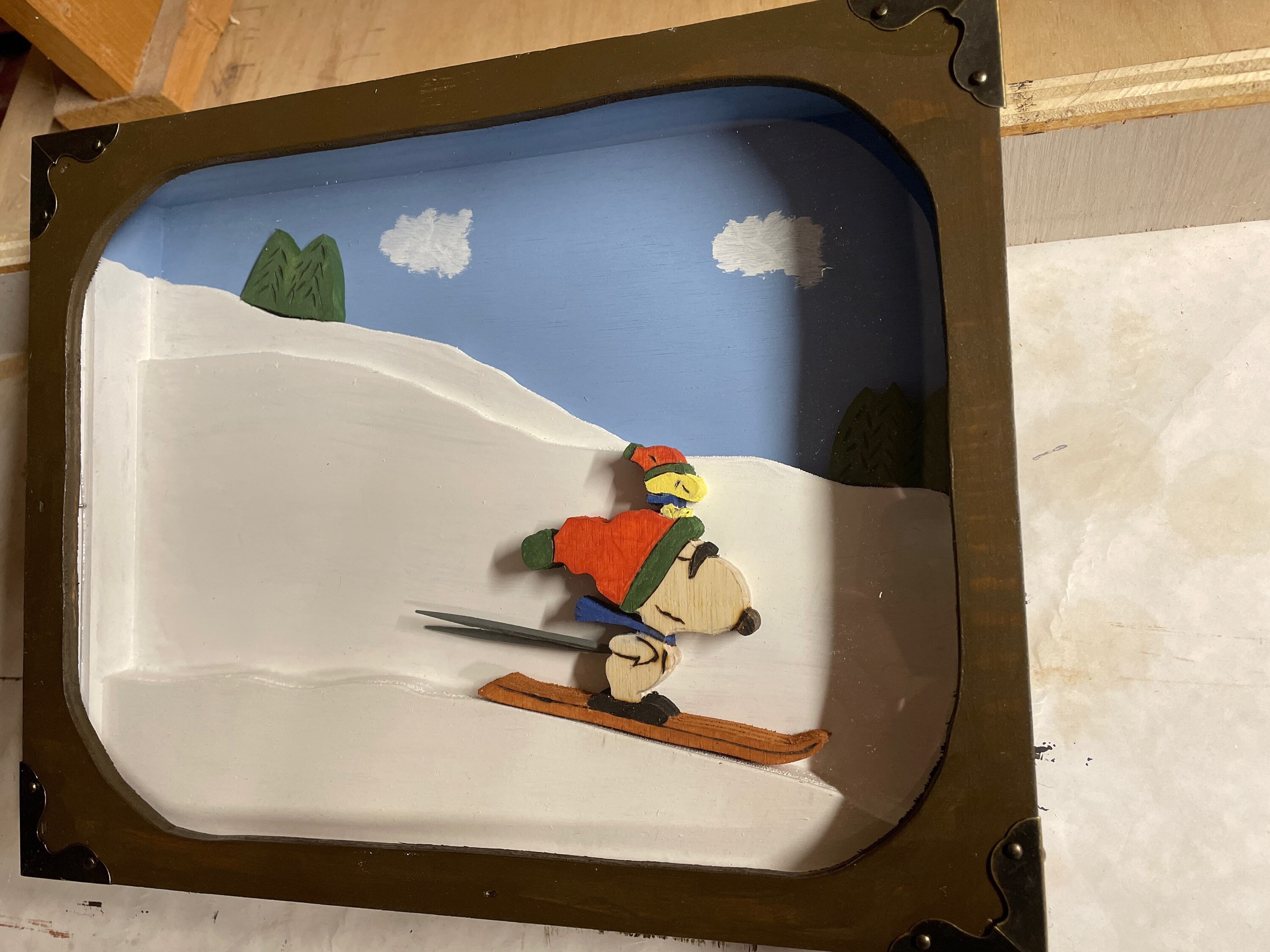 Wooden Shadow Box with Snoopy and Woodstock