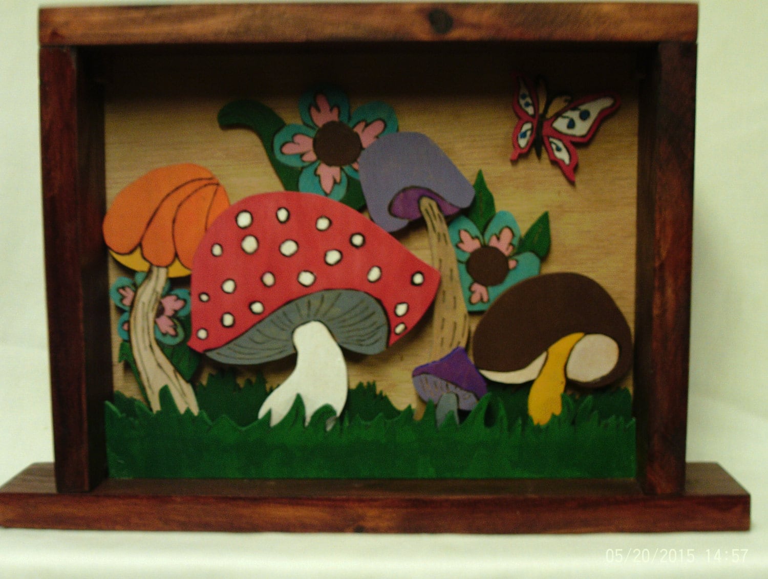 FREE SHIPPING - Wooden shadow box of colorful mushrooms