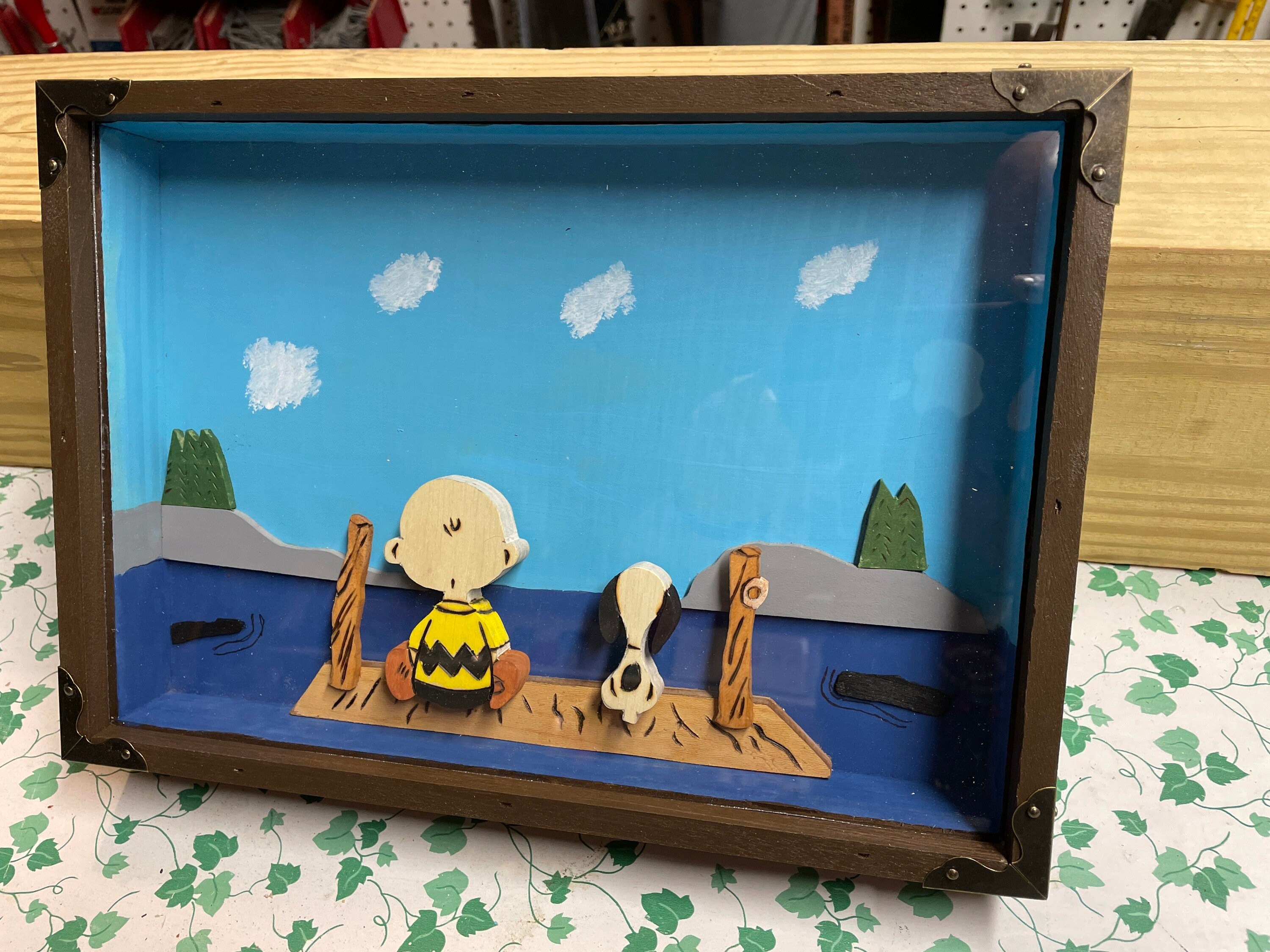 Wooden Shadow Box with Snoopy and Charlie Brown at the Lake
