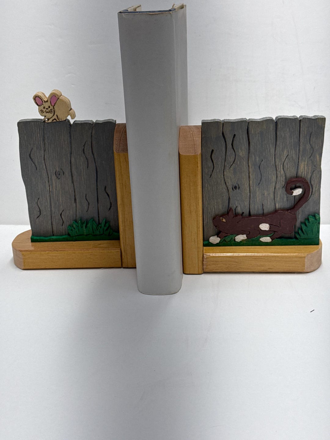Wooden Bookend With a Fence,cat, and Mouse - Etsy