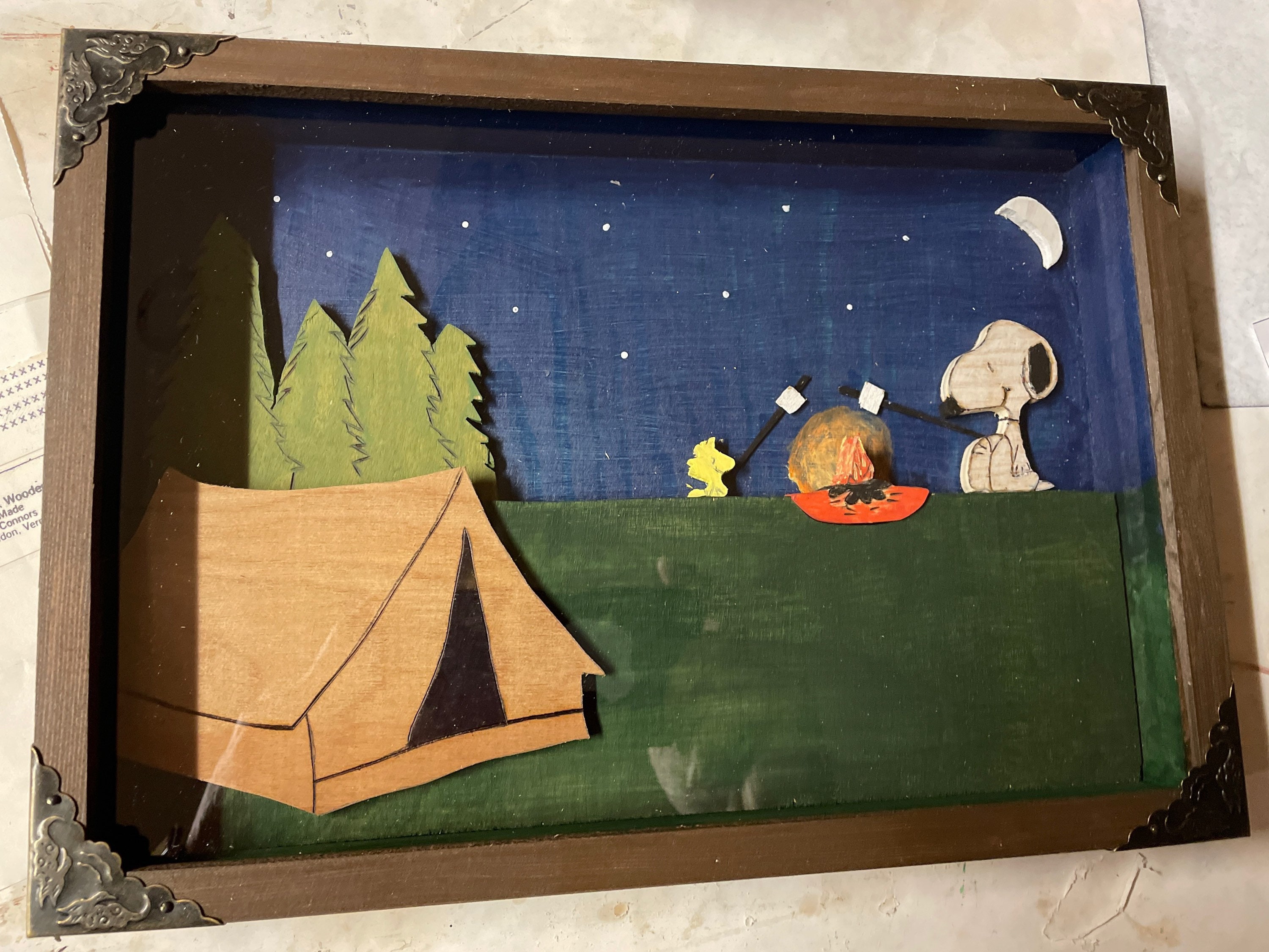 Wooden Shadow Box of Snoopy and Woodstock camping