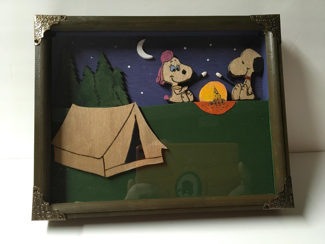 Wooden Shadow Box of Snoopy and Fifi Camping - Etsy